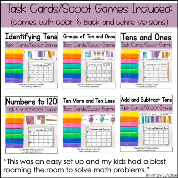 Place Value Scoot Games Bundle Numbers to 120 Ten More Less