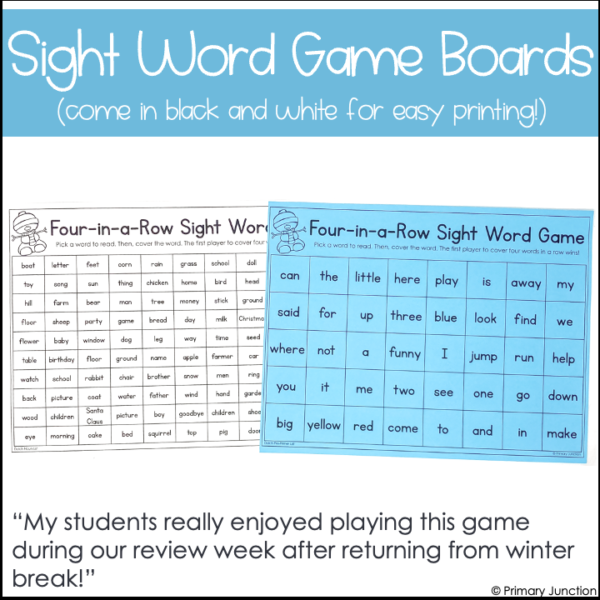 Winter Four-in-a-Row Sight Word Game Dolch Fry Heart