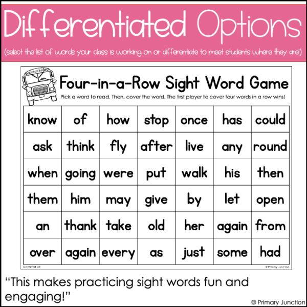 Back-to-School Four-in-a-Row Sight Word Game Dolch Fry Lists